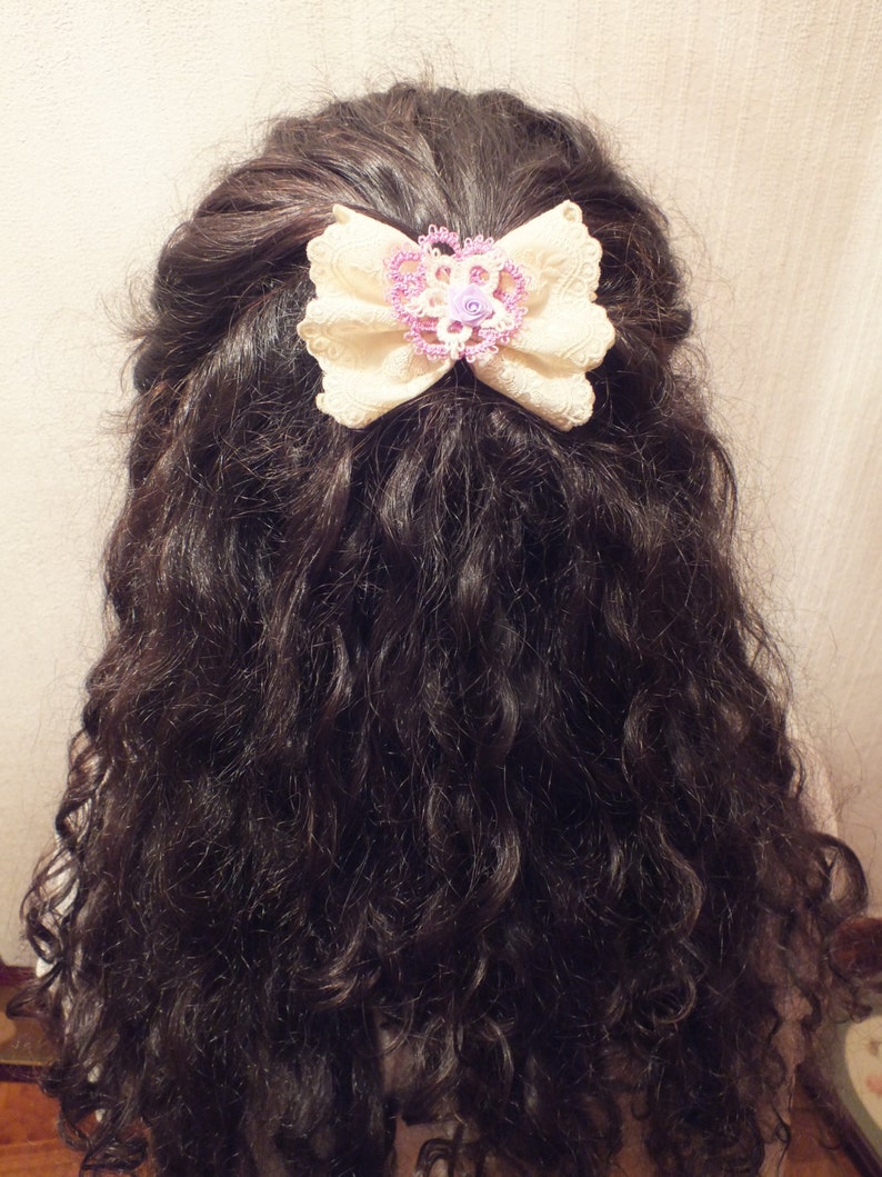 Beige Lavender Lace Bow, Embroidery Ivory Bow, Tatted Flowers Barrette ...