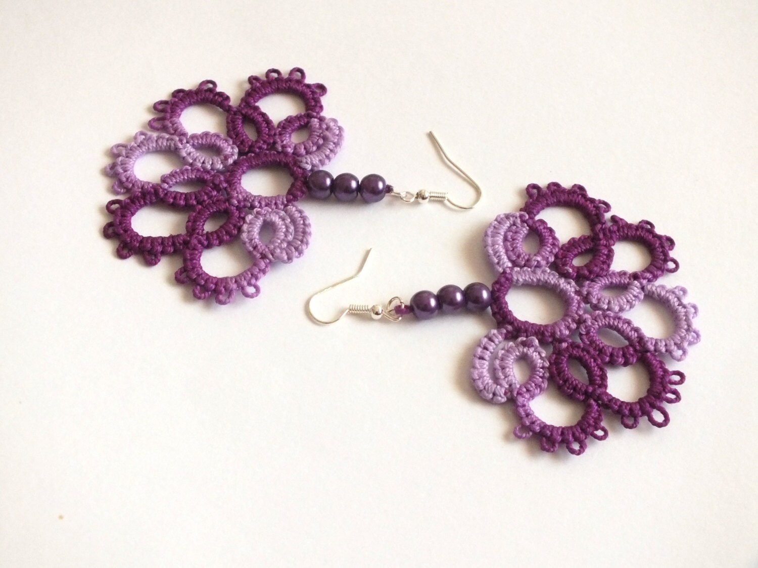 Purple Tatted Earrings With Pearls Half Flower Tatted Purple - Etsy