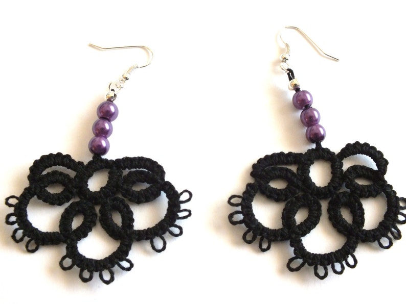 Black Tatted Earrings With Purple Pearls Half Flower Tatted - Etsy