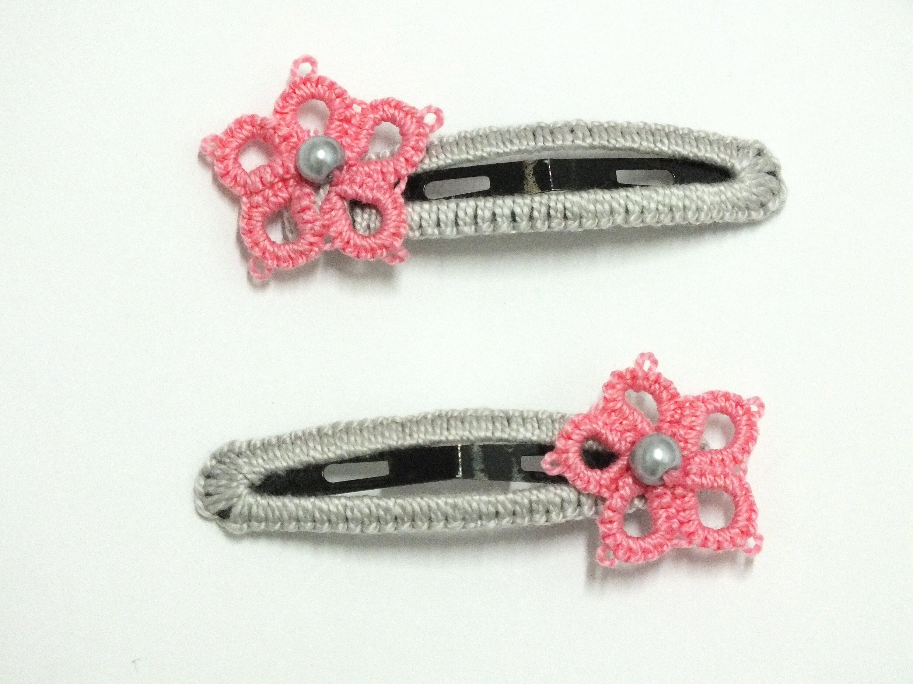 Gray Girl Hair Clips, Flower Lace Hairclips, Grey Pink Tatted Hairclips ...
