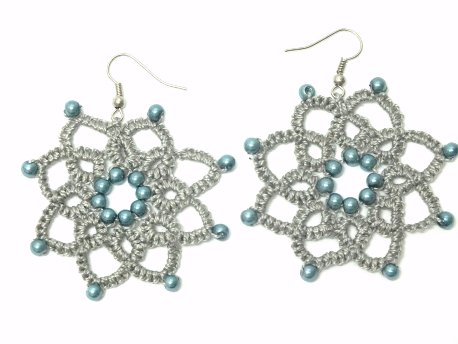 Grey Flower Tatted Earrings With Teal Pearls, 8 Petals Flower Tatted ...