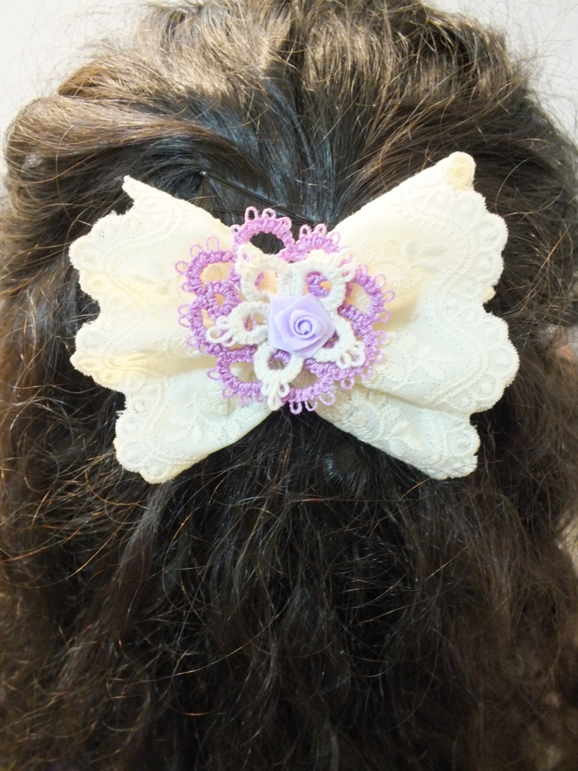 Beige Lavender Lace Bow, Embroidery Ivory Bow, Tatted Flowers Barrette ...