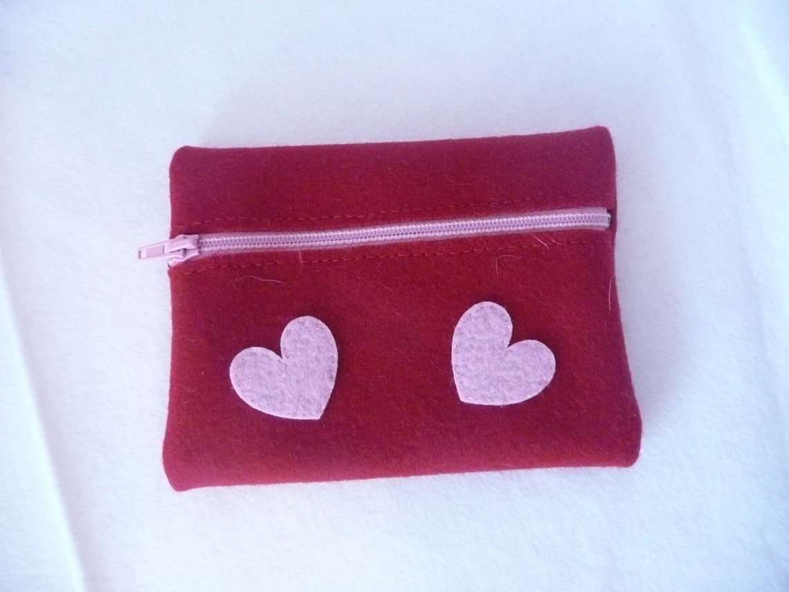 Red Felt Coin Purse, Pink Heart Pouch, Rosary Pouch, Earbud Felt Purse ...