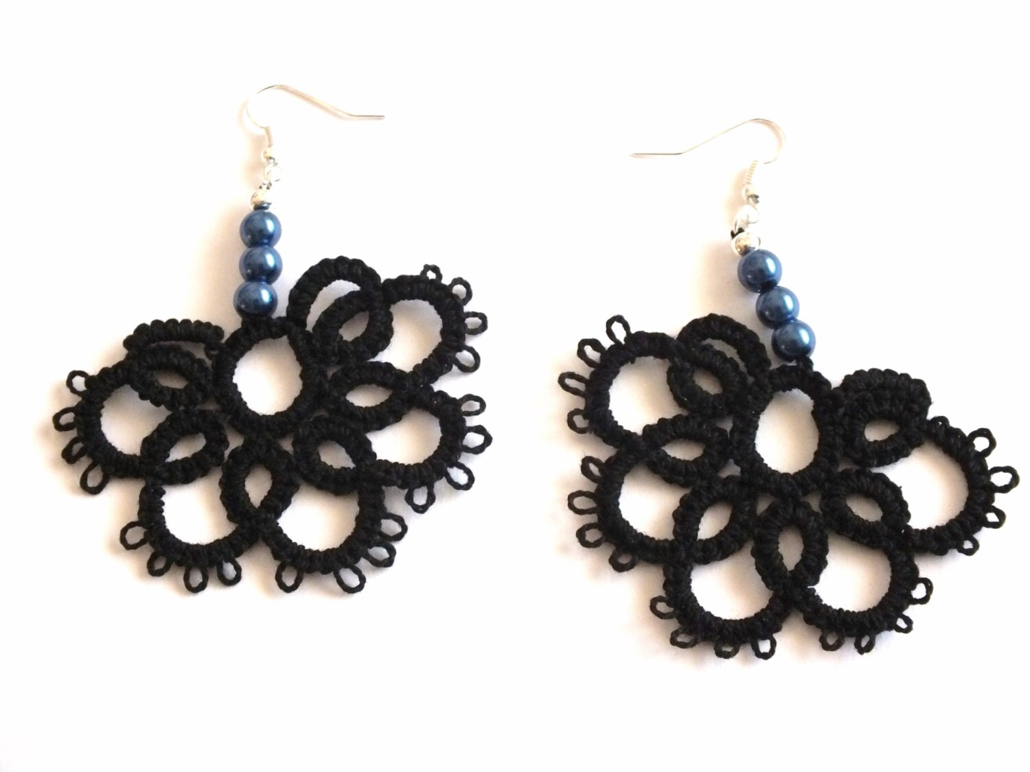 Black Tatted Earrings With Blue Pearls, Half Flower Tatted Lace ...