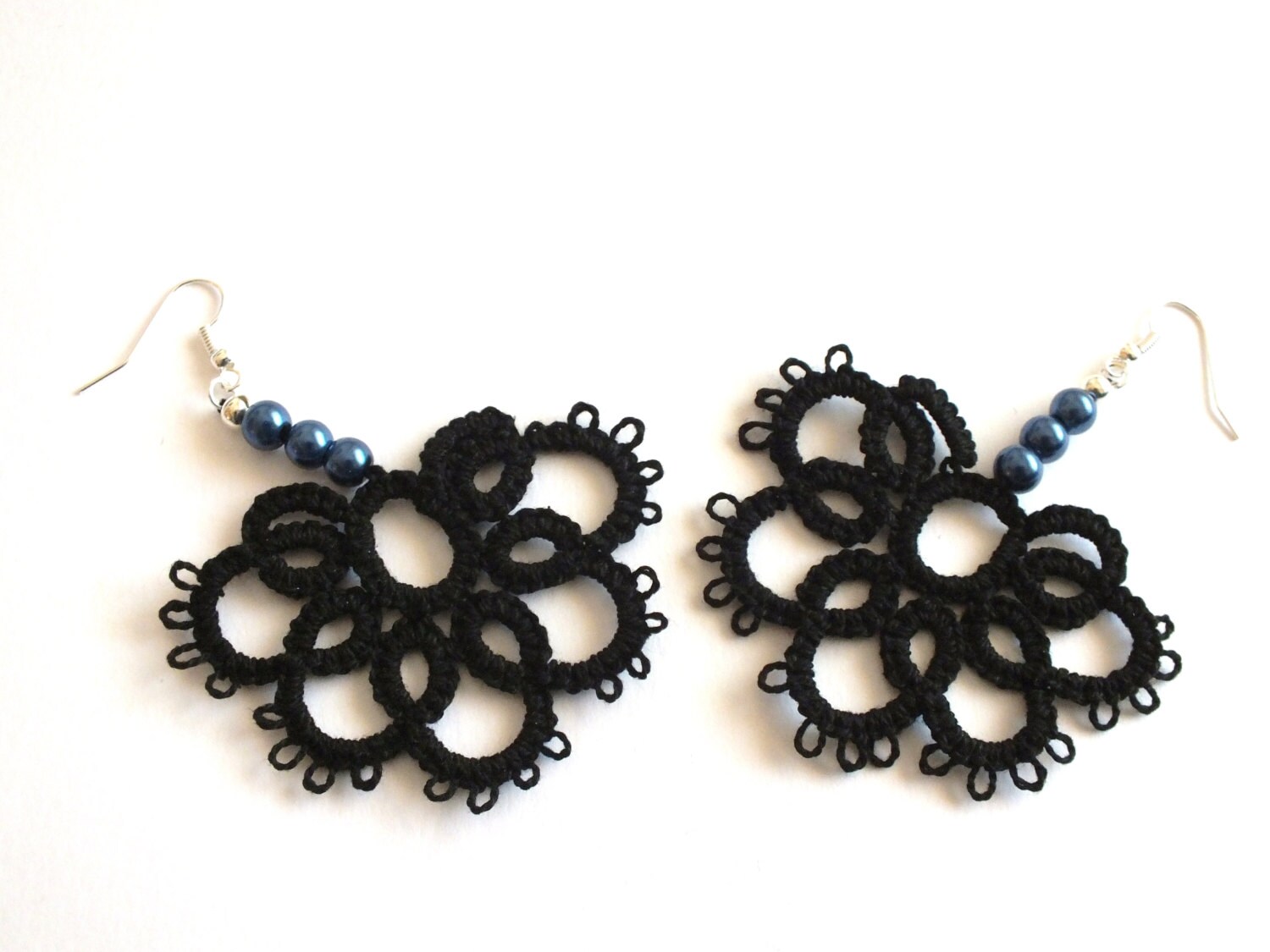 Black Tatted Earrings With Blue Pearls, Half Flower Tatted Lace ...