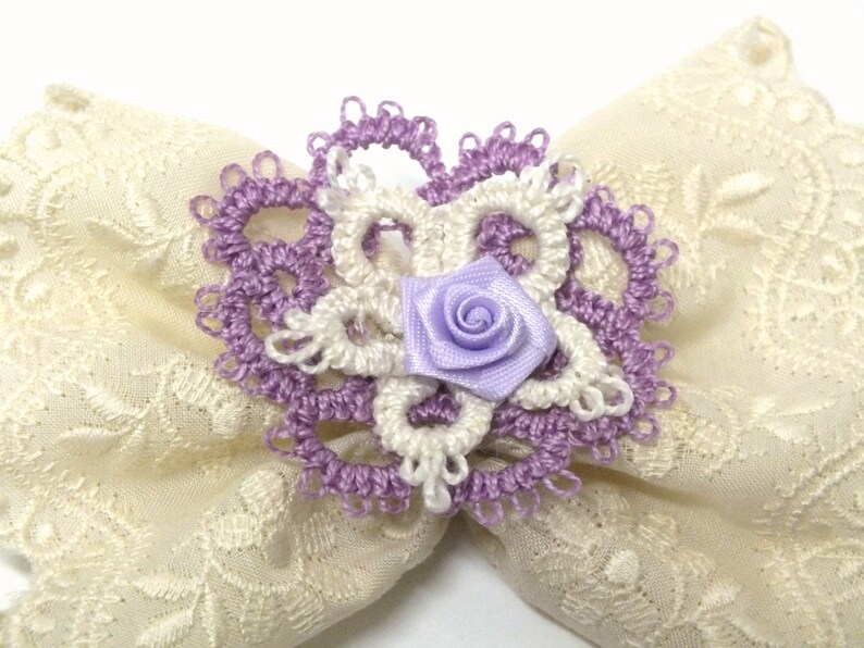Beige Lavender Lace Bow, Embroidery Ivory Bow, Tatted Flowers Barrette ...