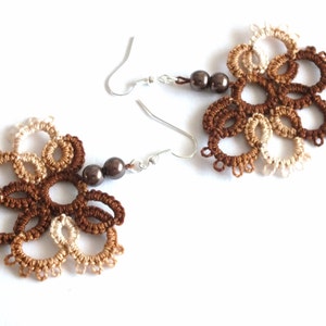 Brown Tatted Earrings With Pearls, Half Flower Tatted Lace Earrings ...