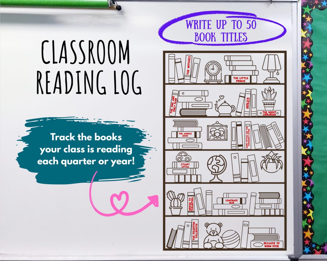 Reading Log Bookshelf Vinyl Decal 50 Books | Dry Erase Reading Tracker ...
