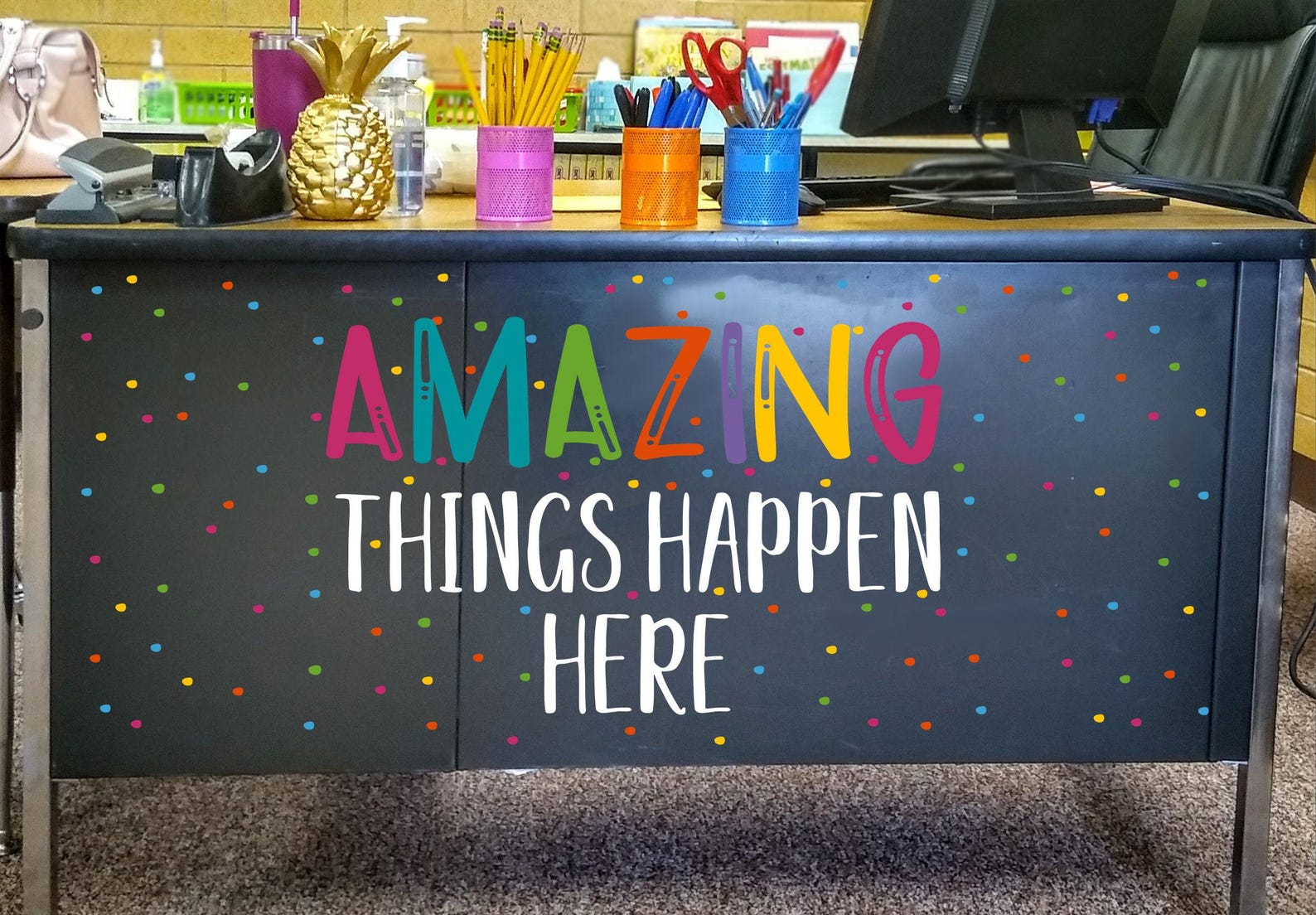 Amazing Things Happen Here, Teacher Desk Decal, School Classroom Decor ...