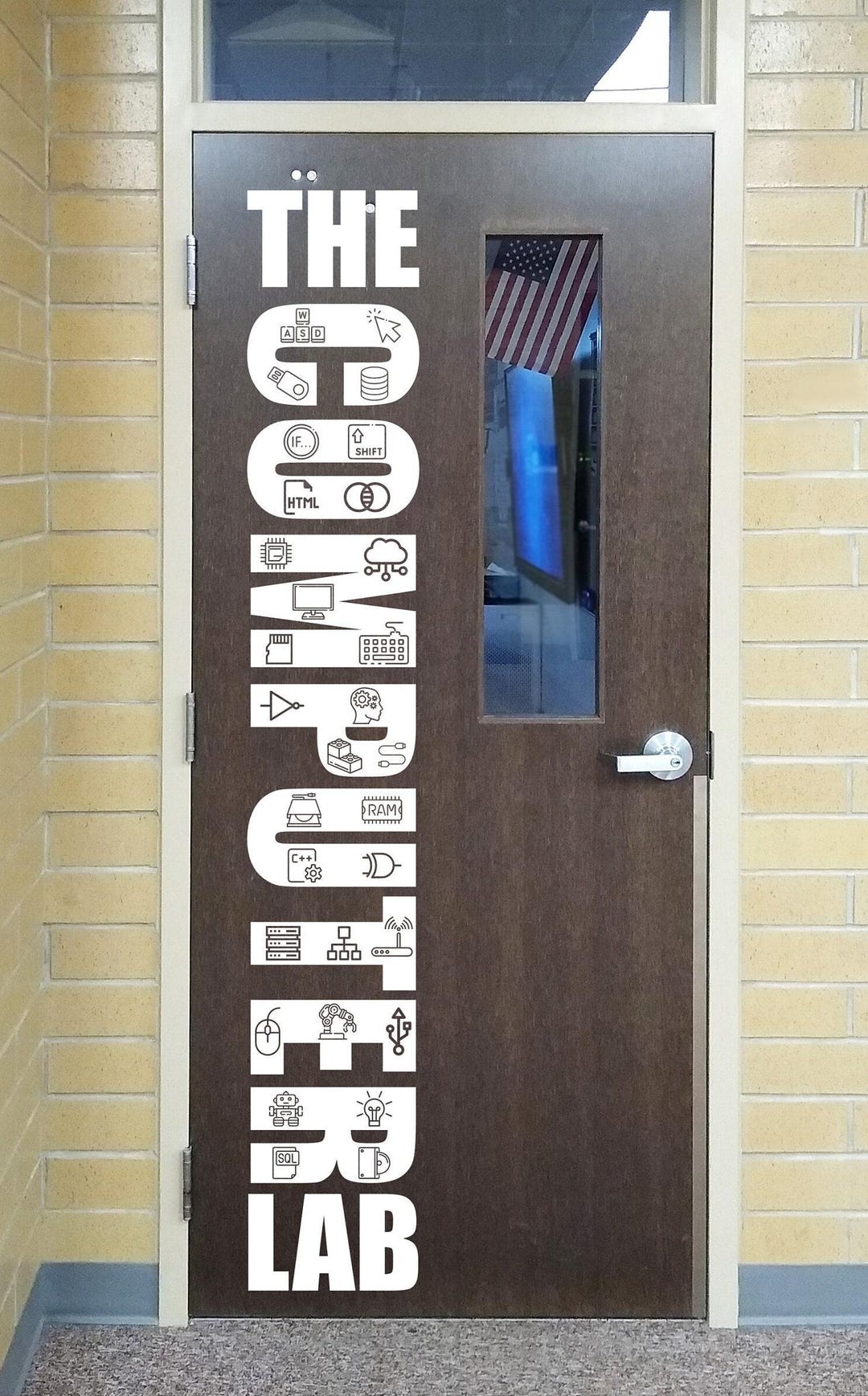 Computer Lab Door Vinyl Decal With Tech Icons | Large Teacher Door Sign ...