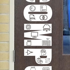 Computer Lab Door Vinyl Decal With Tech Icons | Large Teacher Door Sign ...