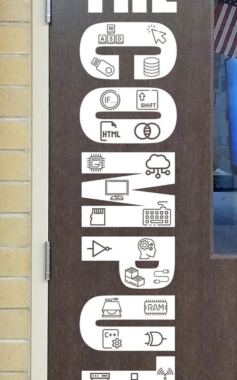 Computer Lab Door Vinyl Decal With Tech Icons | Large Teacher Door Sign ...