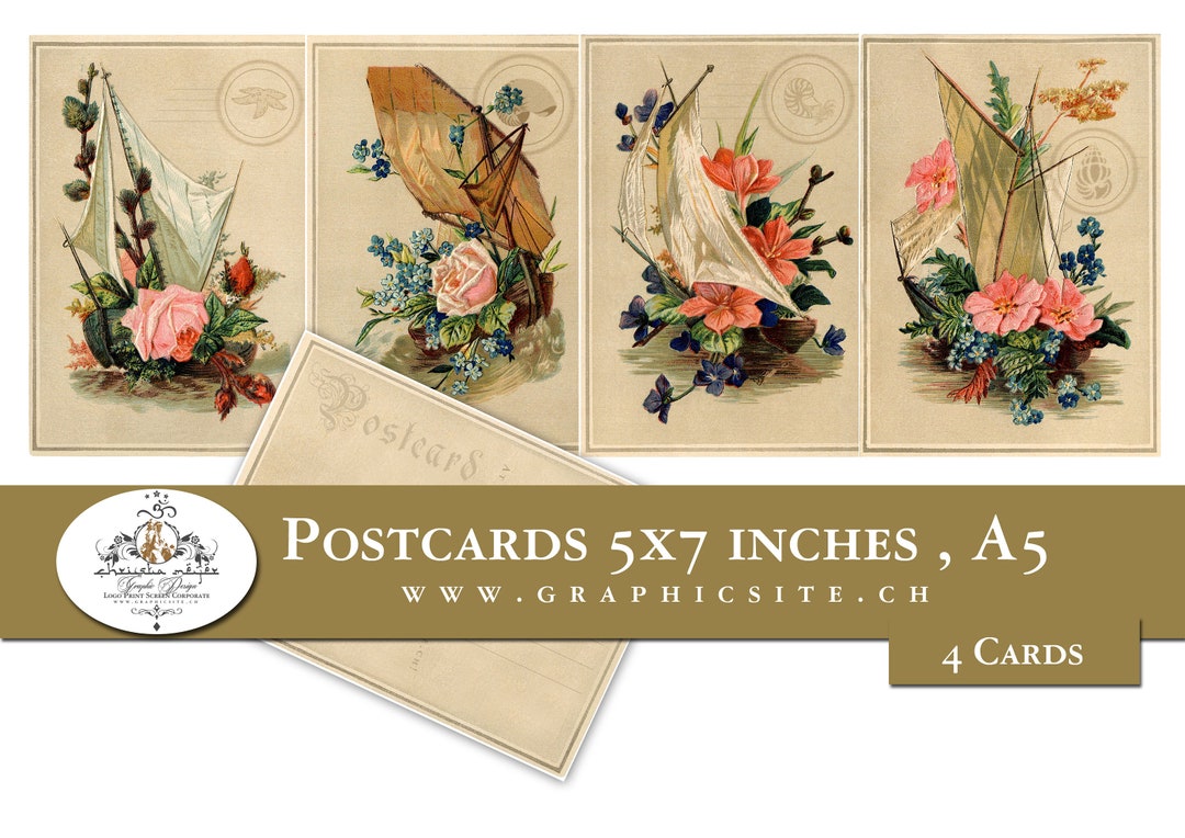 At Sea - Set of 4 Postcards, Vintage Sailing Ship, Instant Download ...