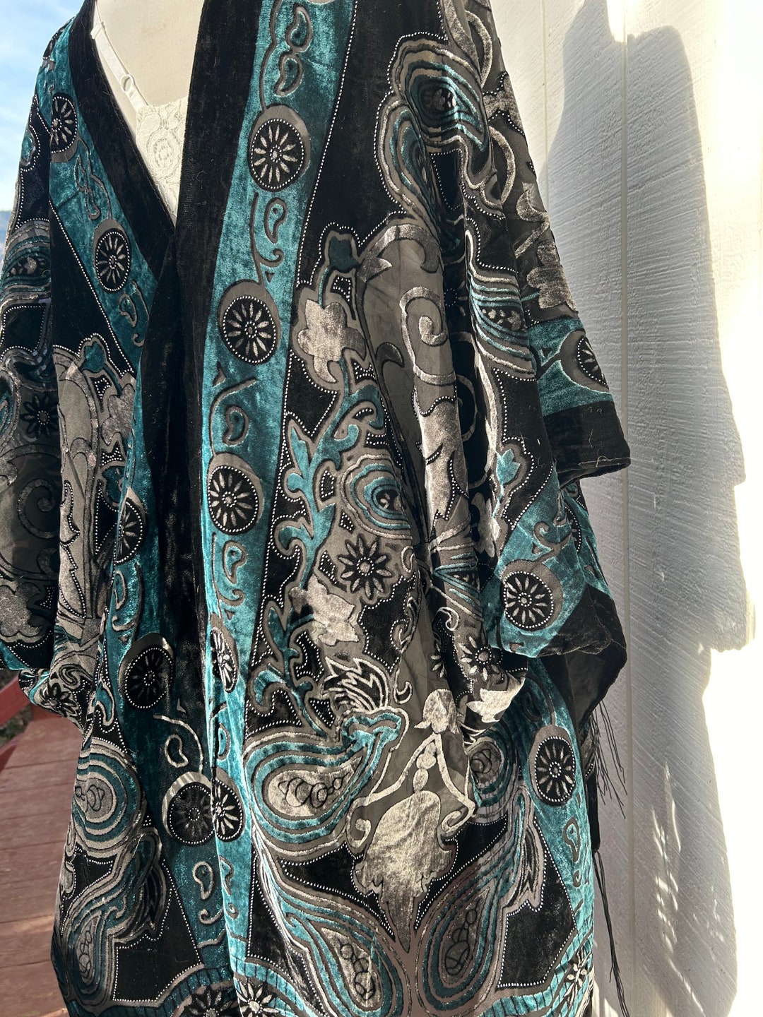 Beautiful Art Deco Velvet Kimono Teal, Black, Semi Sheer, Burn Out ...