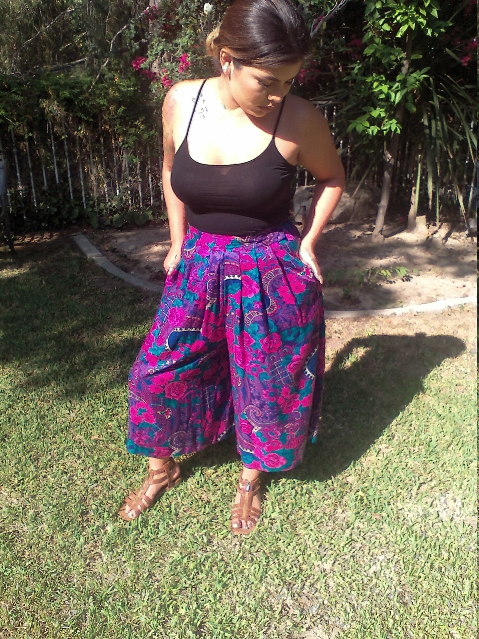 Cullotes skirtpurple flowers Paisleypinkpurple green | Etsy
