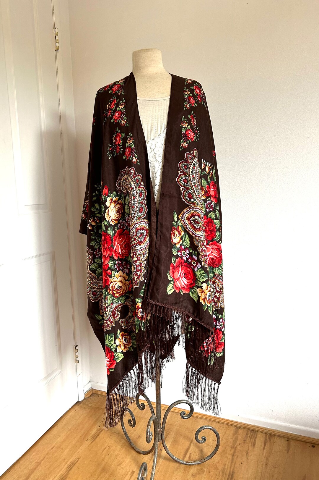 Plus Size, Shawl With Sleeves, Chocolate Brown, Floral Cape, Portuguese ...
