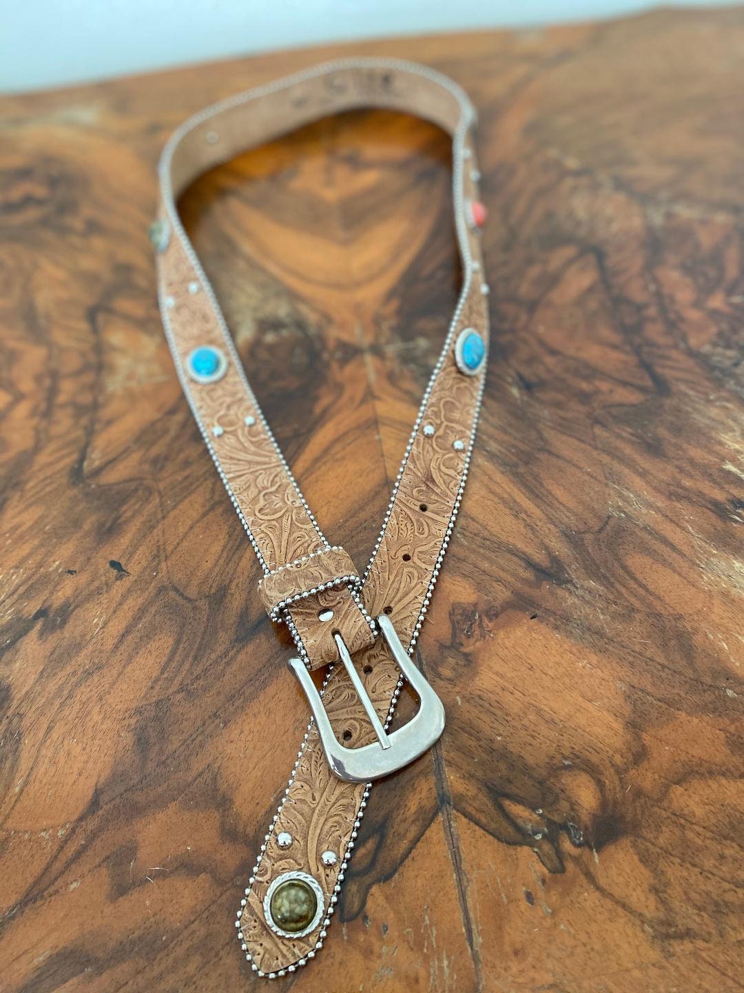 Tooled Leather Belt Studded Western Beltlarge Faux | Etsy