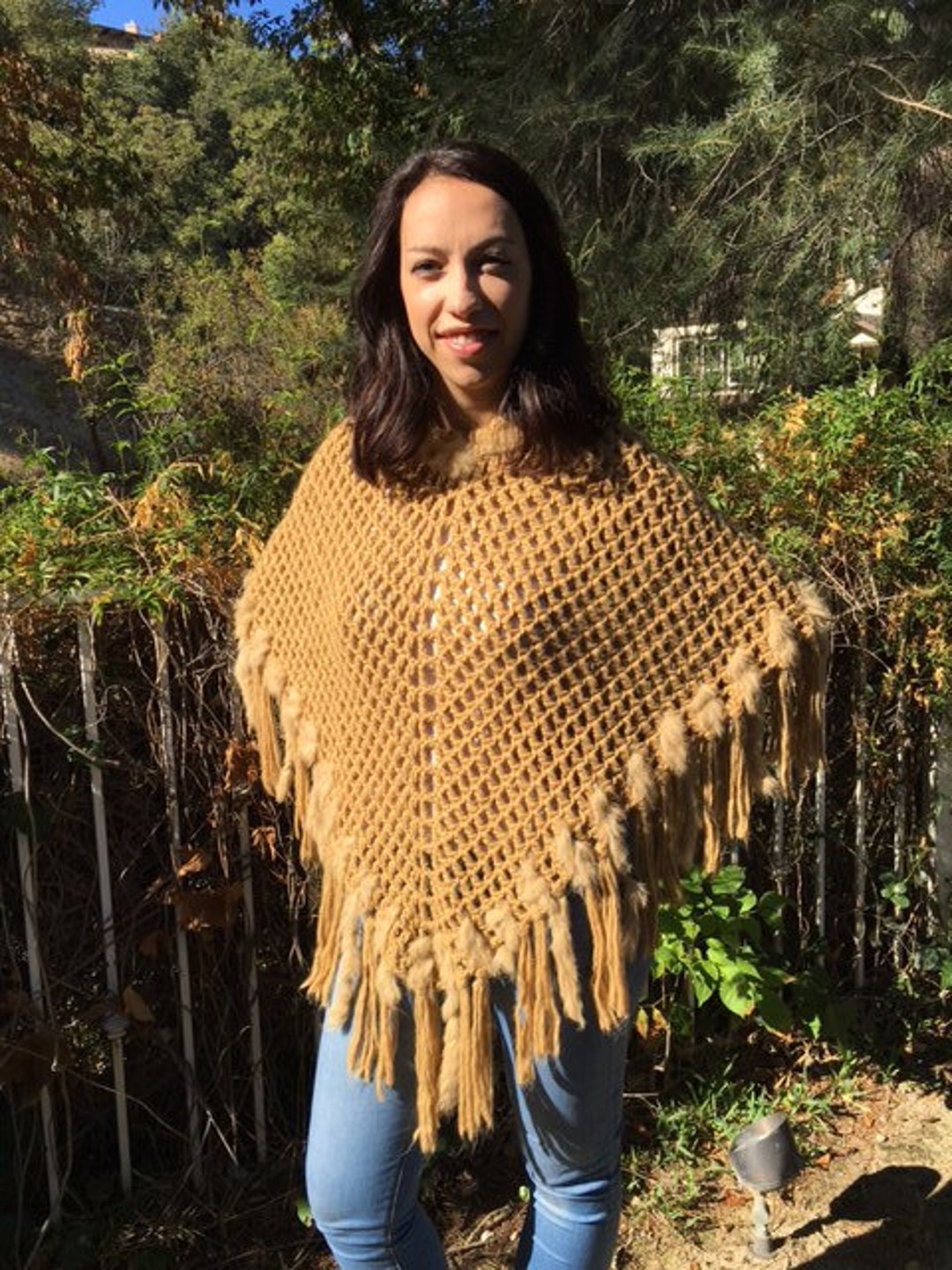 Poncho Top, Net Poncho, Tan Fur Trims - Etsy