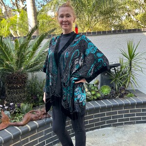 Teal and Black, Velvet Kimono, Burnout Kimono, Night, Dress, Bathrobe, Black, Silver, Devore ...