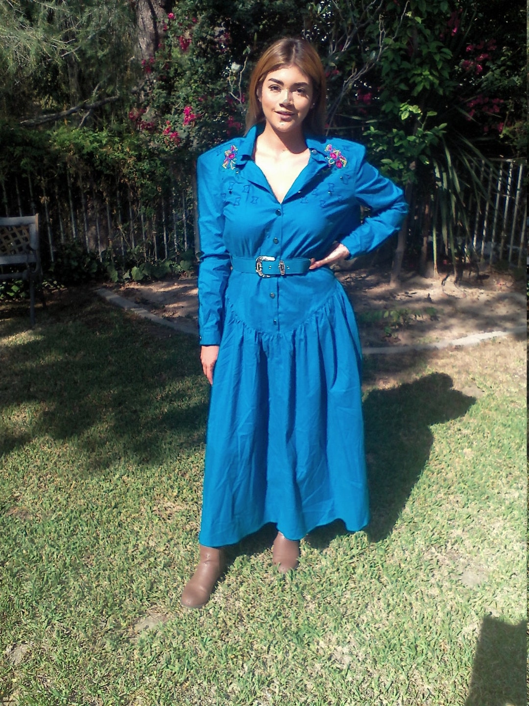Two Step ,western Dress,9, Blue Dress,embroidered Dress, Belted, Size 9 ...