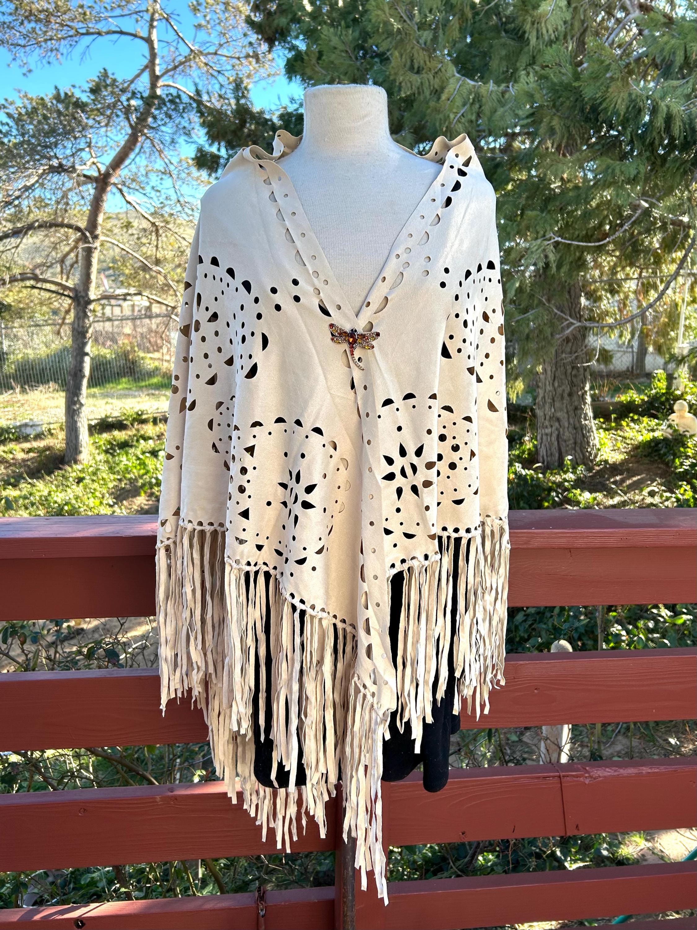 Gorgeous Flowy Ultra Suede Shawl, Shawl, Wrap, Tan, Cream, Fringed ...