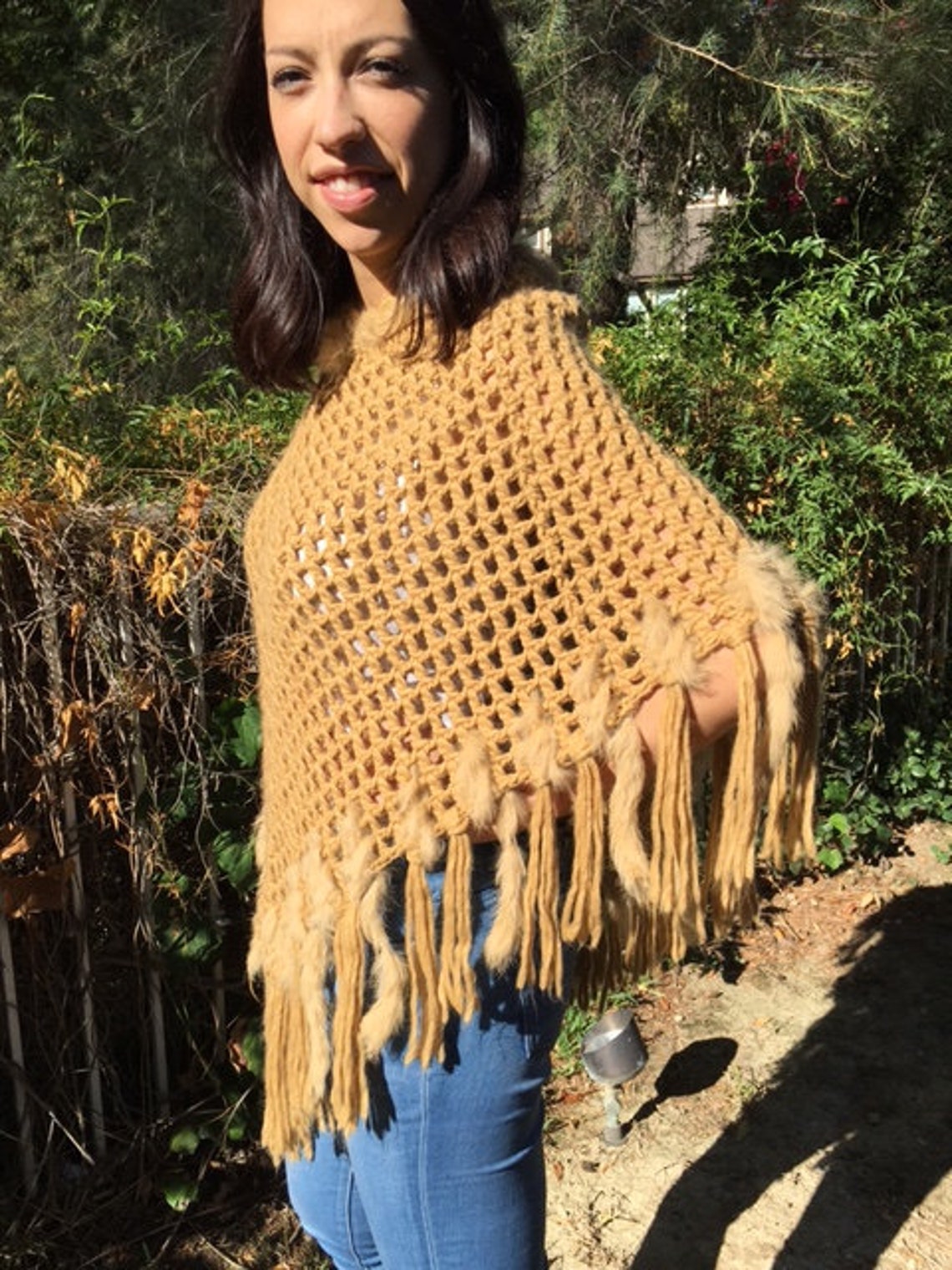 Poncho Top Net Poncho Tan Fur Trims - Etsy