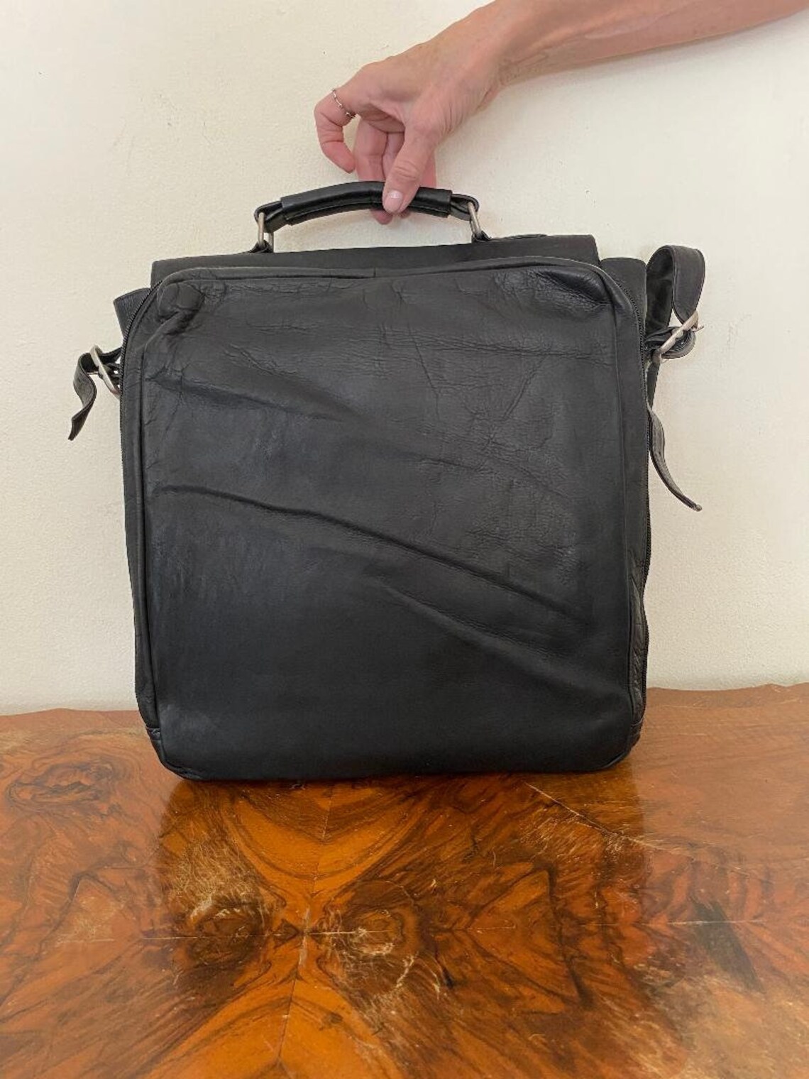 Large Black Leather Messenger Bag, Organizer Bag,warner Brothers Emblem ...