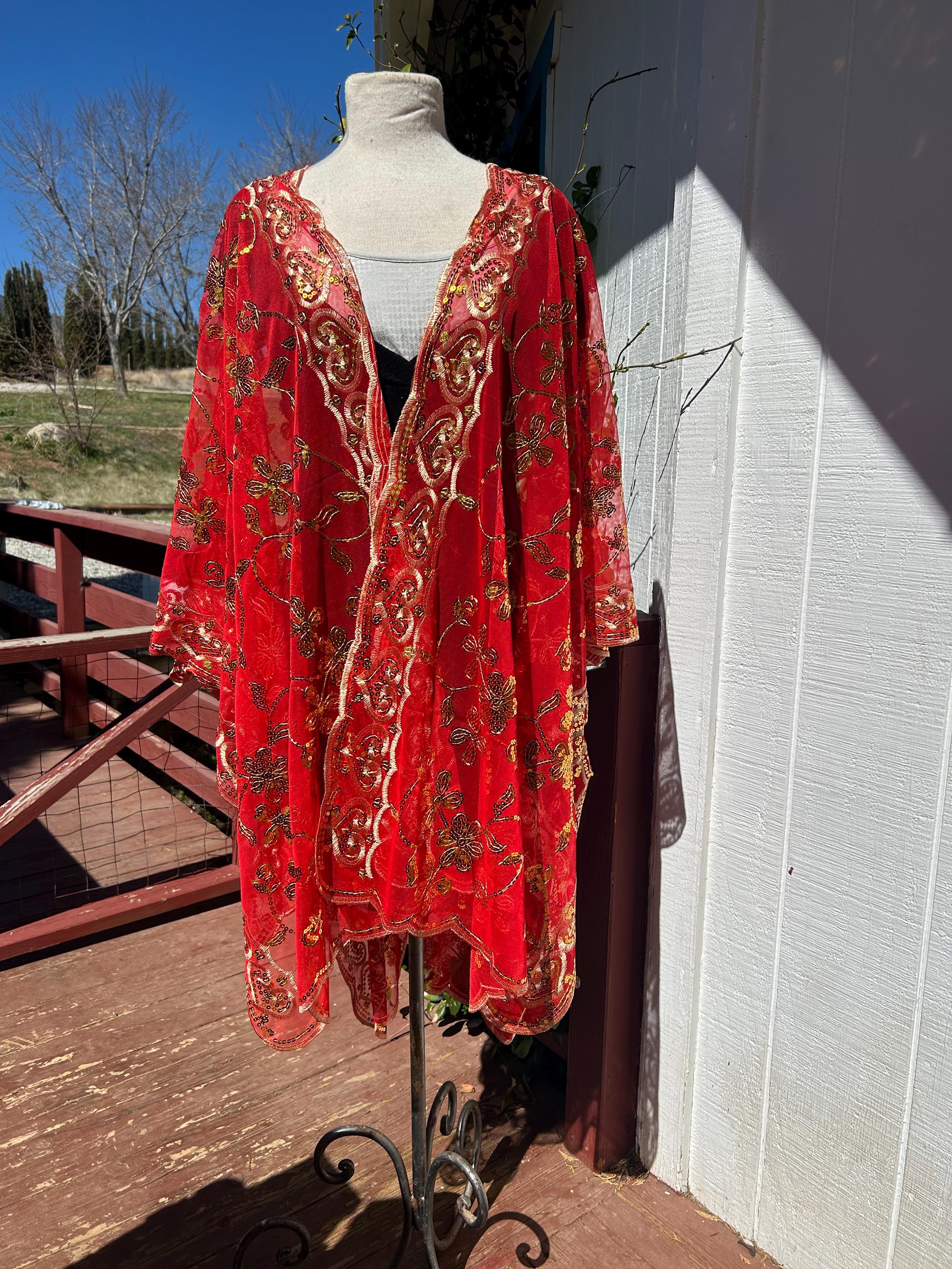 Red Kimono, Gold Sequin, Semi Sheer, Cover, Wrap, Robe - Etsy
