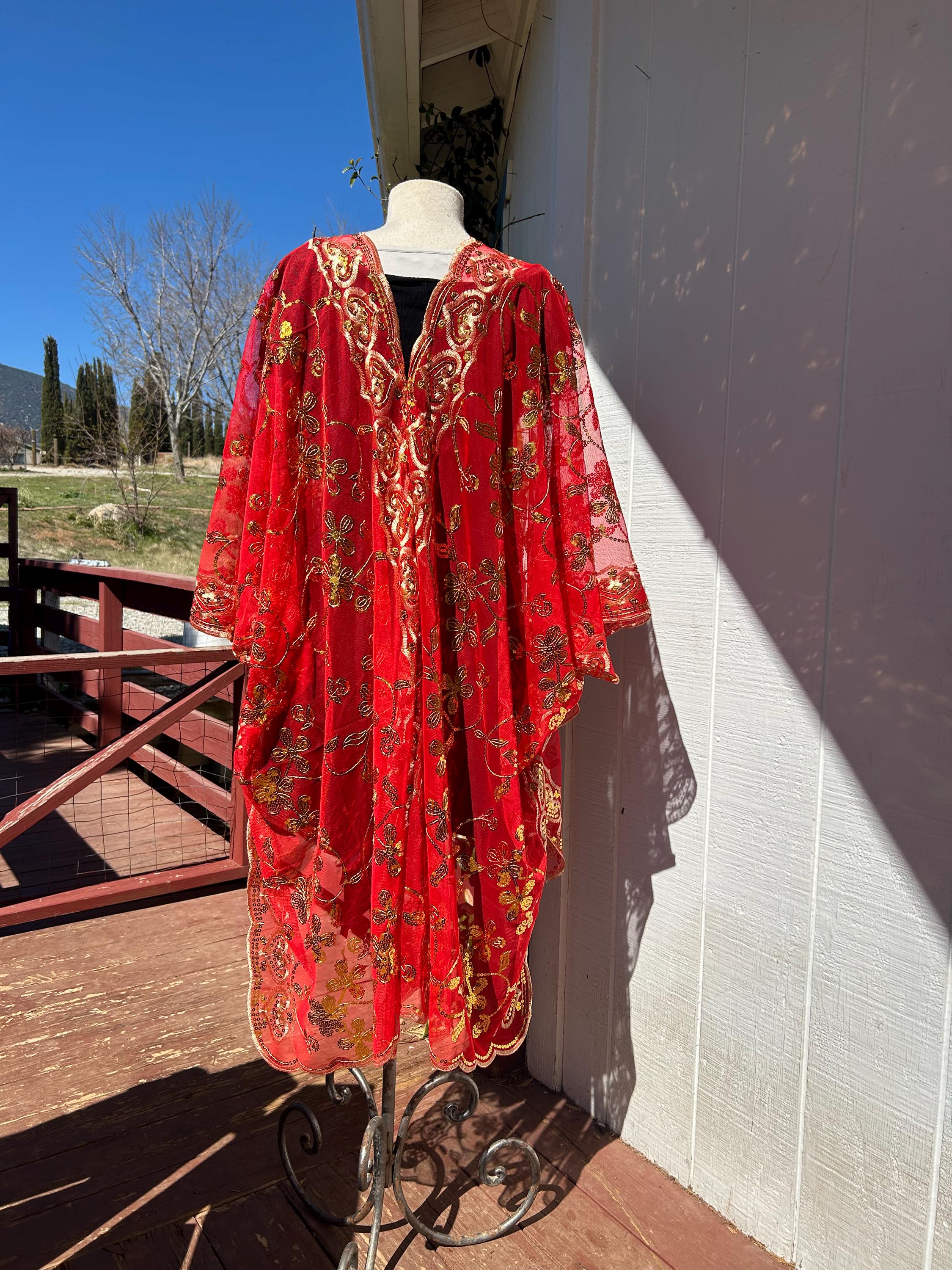Red Kimono, Gold Sequin, Semi Sheer, Cover, Wrap, Robe - Etsy