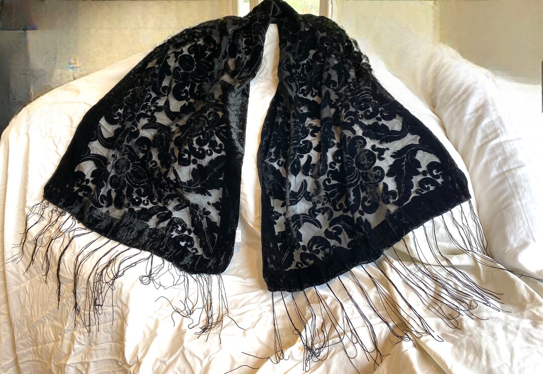 Gorgeous Black Velvet Scarf, Semi Sheer, Burn Out, Fringed, Piano Scarf ...