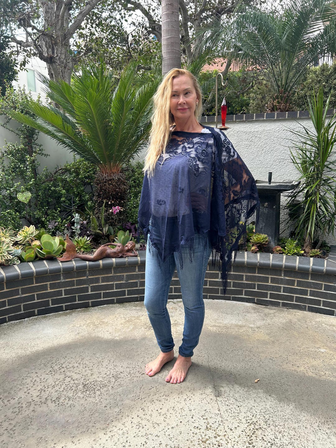 Navy Blue Lace Poncho, White, Semi Sheer ,poncho ,roses ,fringed Poncho ...