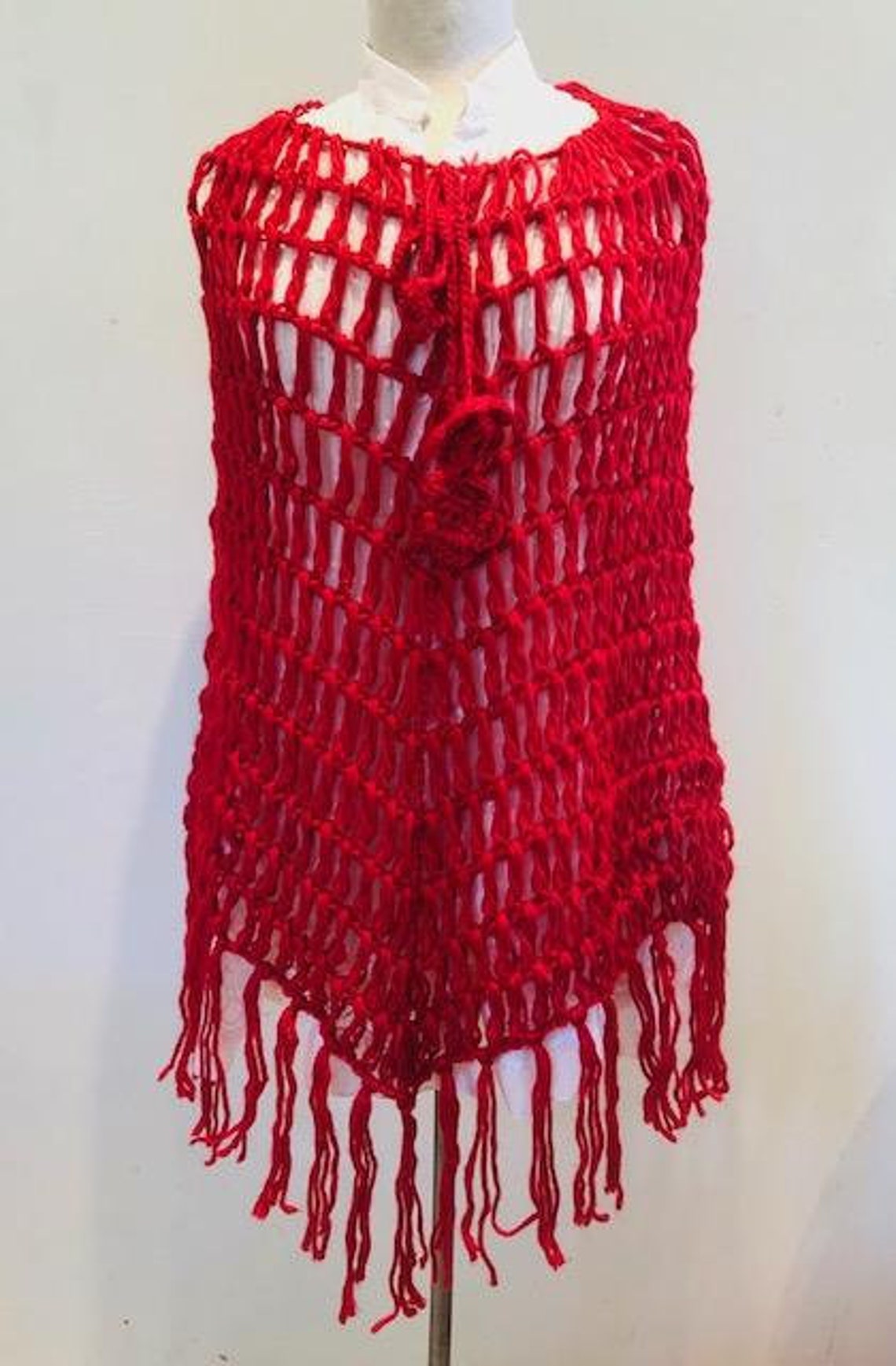 Poncho Top,knit Poncho,red,red Poncho, Soft, Fringed,poncho - Etsy