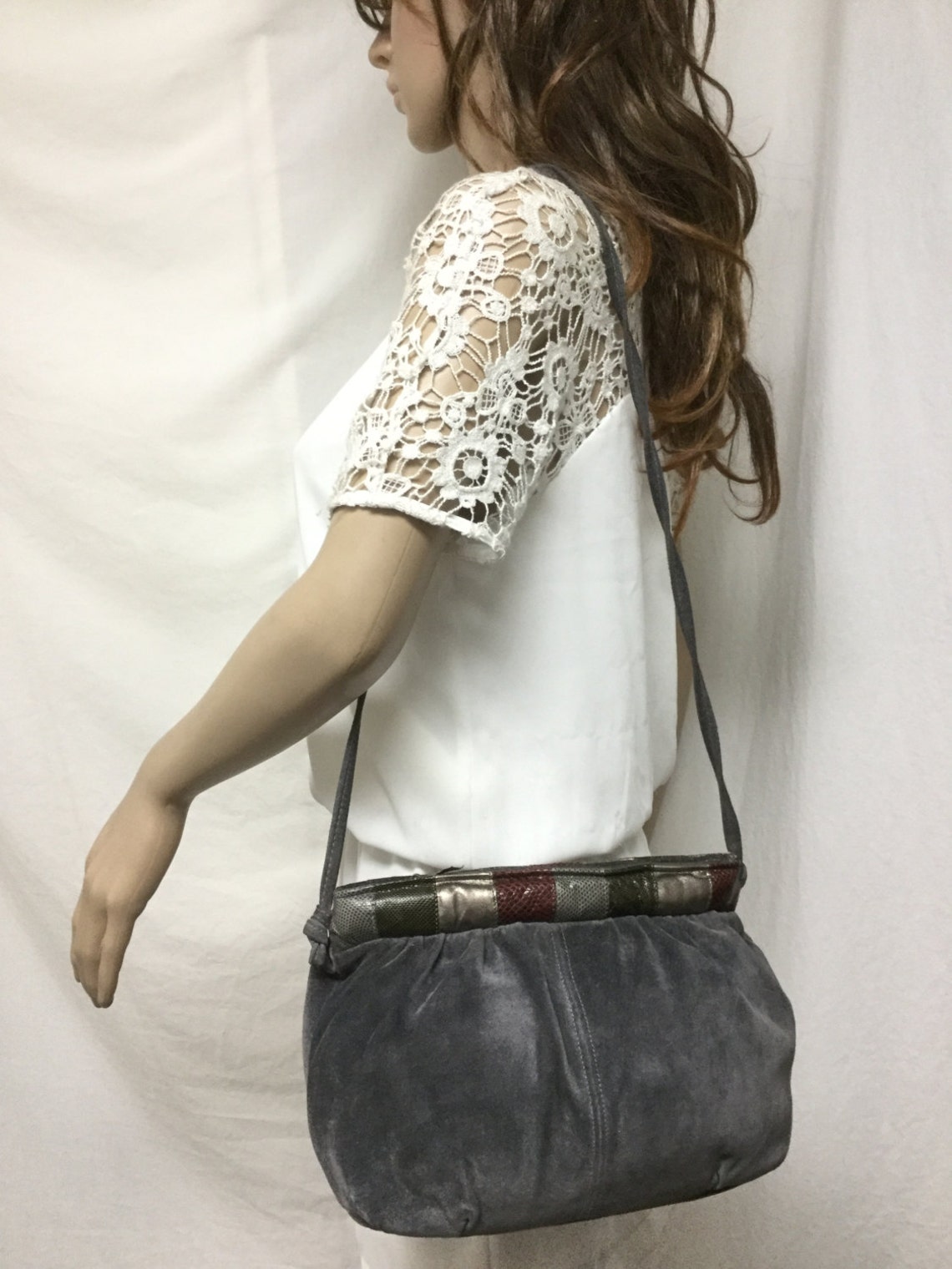 Gray Suede Leather Purse bagshoulder Bagw/ Snake Skin | Etsy