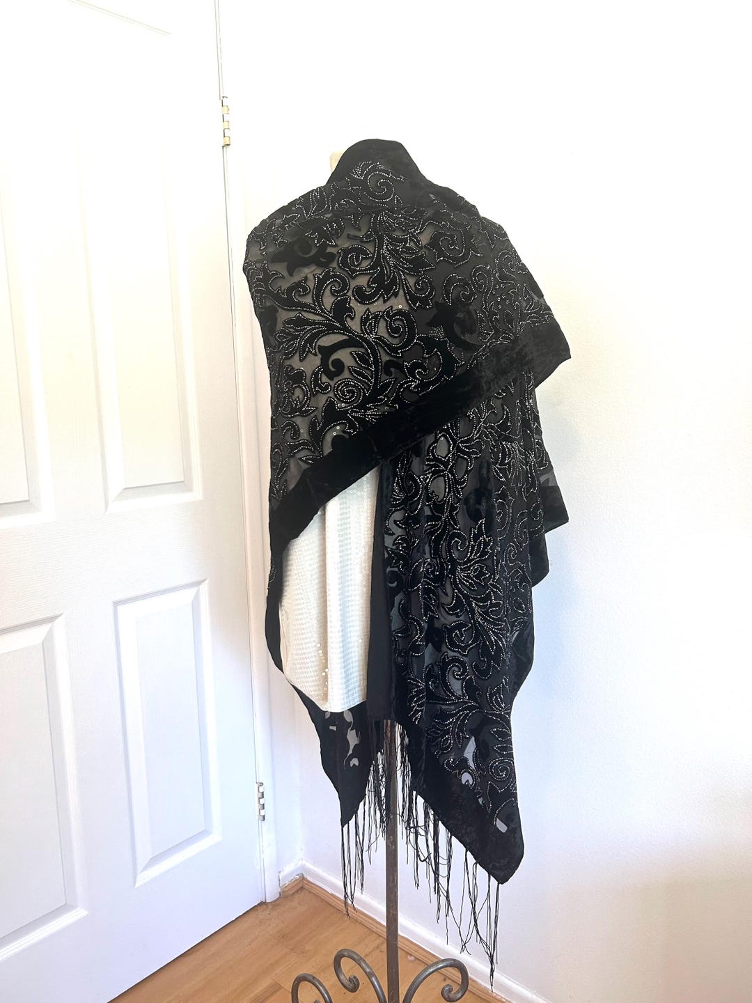 XL Sparkling Black Velvet Glitter Burnout Wrap Scarf, Velvet Scarf ...