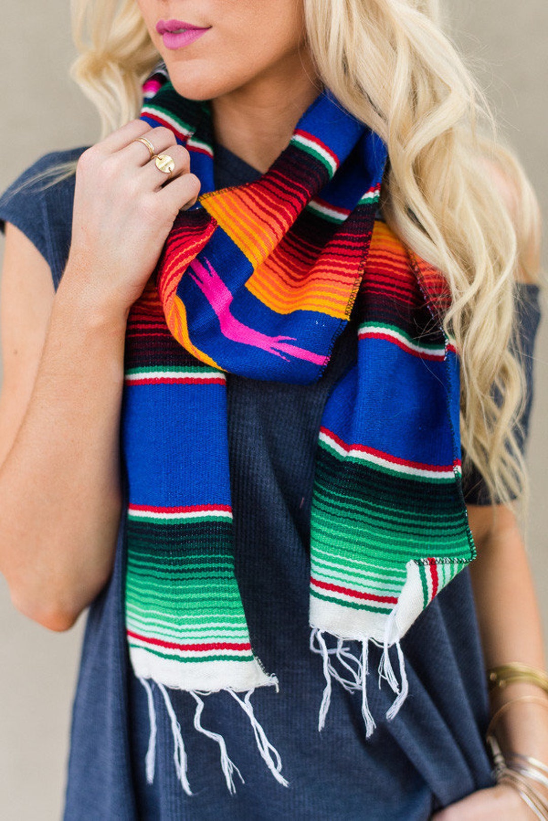 Serape Scarf ,mexican Scarf.striped, Fringed Wrap,turquoise Blue,pink ...
