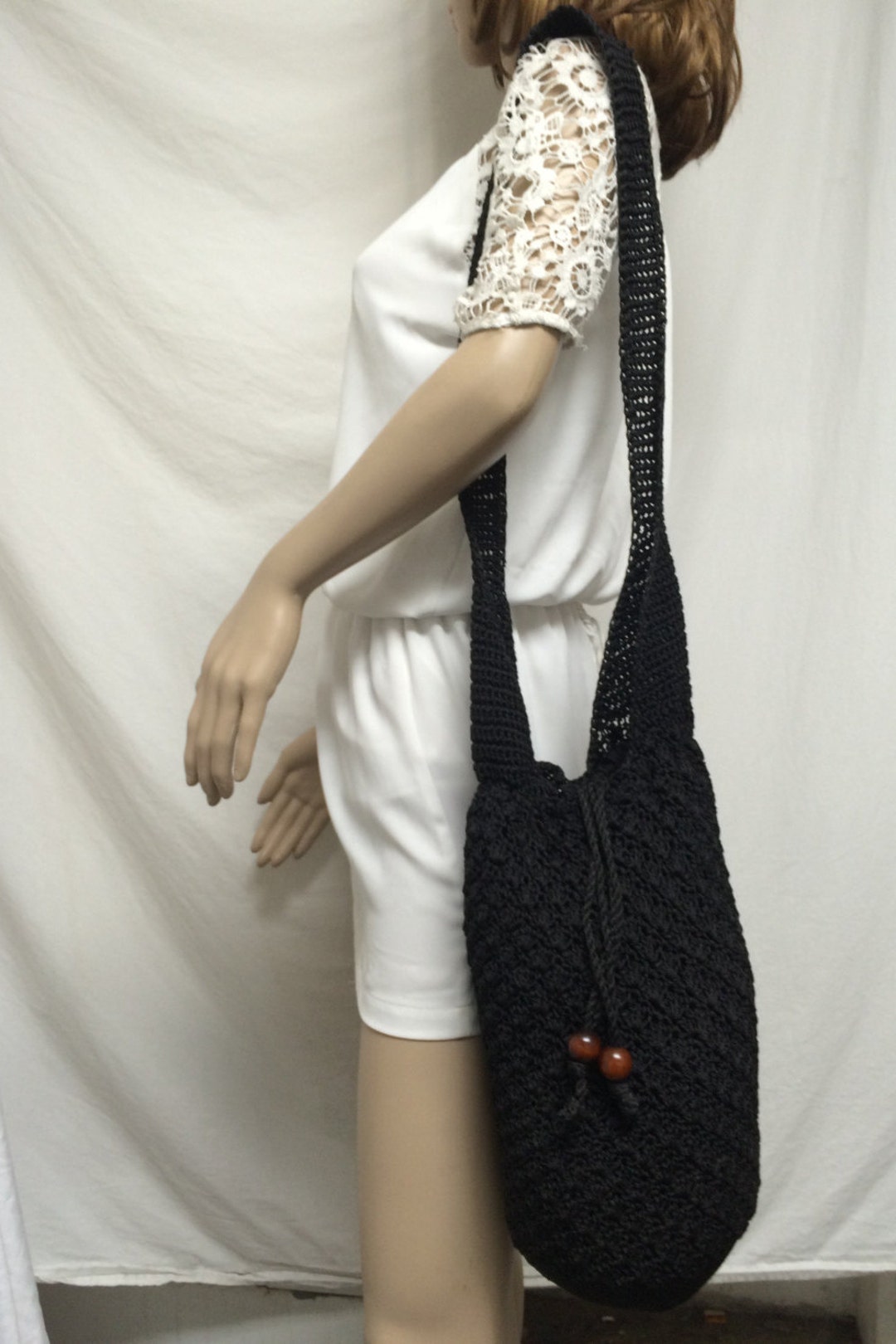 Black Knit, Bucket Bag, Cinch Purse,bag, Shoulder Bag - Etsy