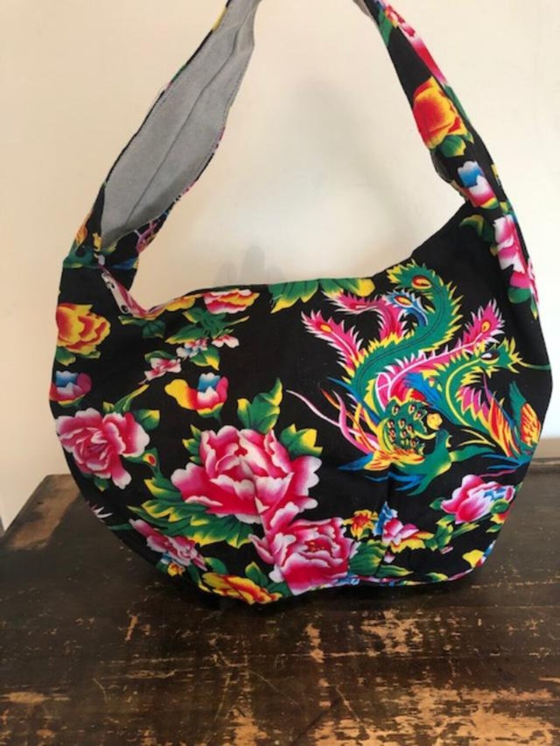 Large Cotton Hobo Bag,shoulder Bag,purse,boho Bag,roses,peacocks,black ...