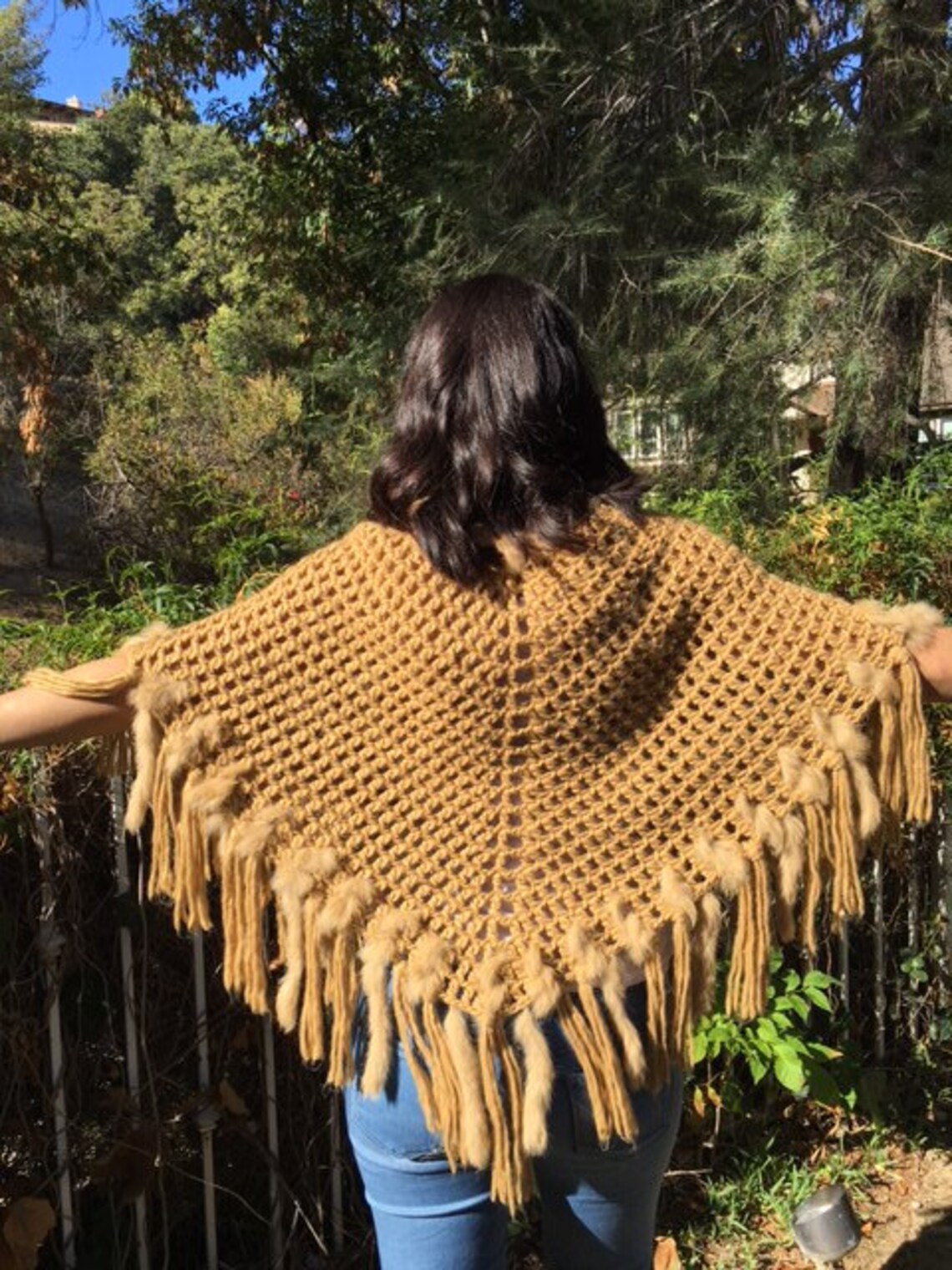 Poncho Top Net Poncho Tan Fur Trims - Etsy