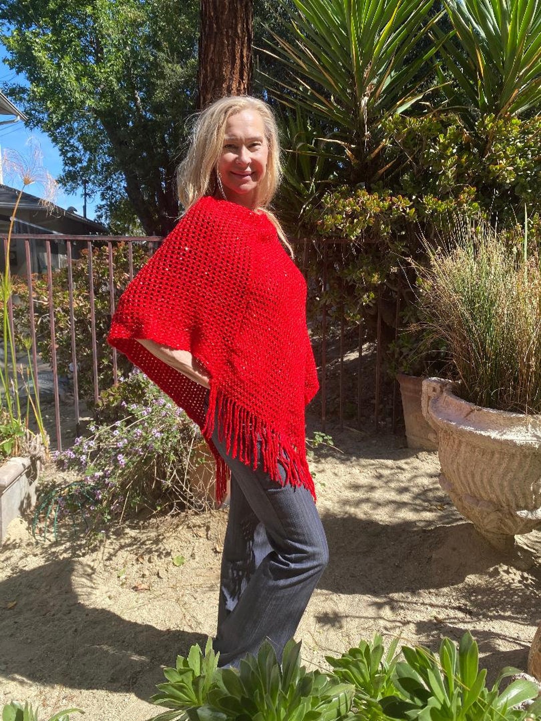 Poncho Top, Sequins, Knit Poncho, Red, Red Poncho, Soft, Fringed Poncho ...