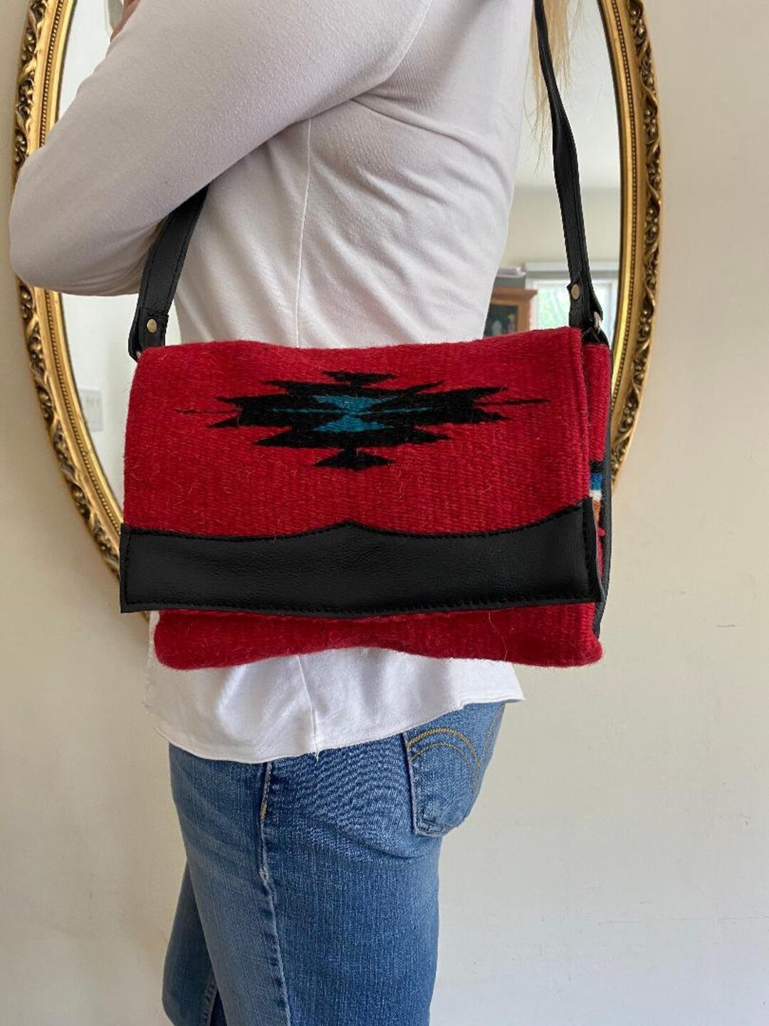 Red Wool Purse, Black Leather, Shoulder Bag ,black, Turquoise, Red ...