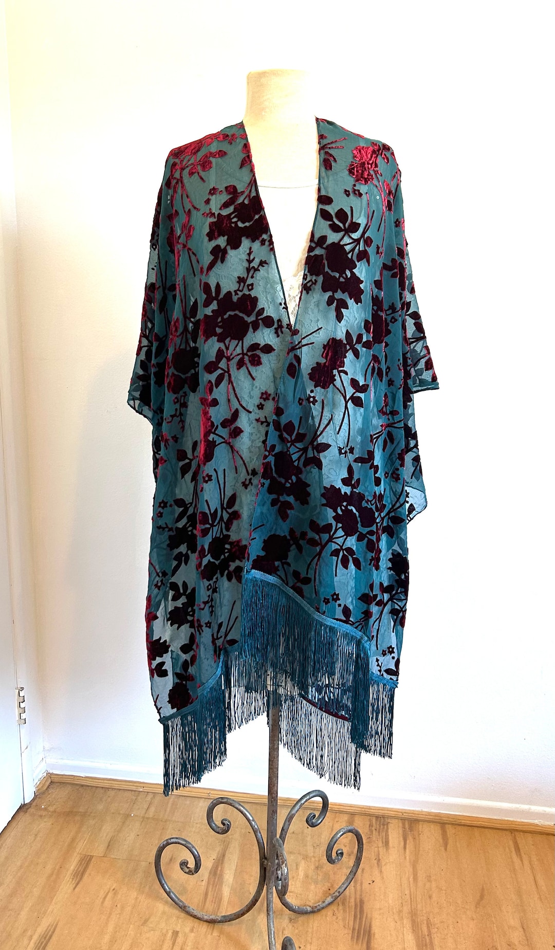Gorgeous Teal Blue Burn Out Burgundy Velvet Fringed Kimono, Fringed, Devore, Handmade - Etsy