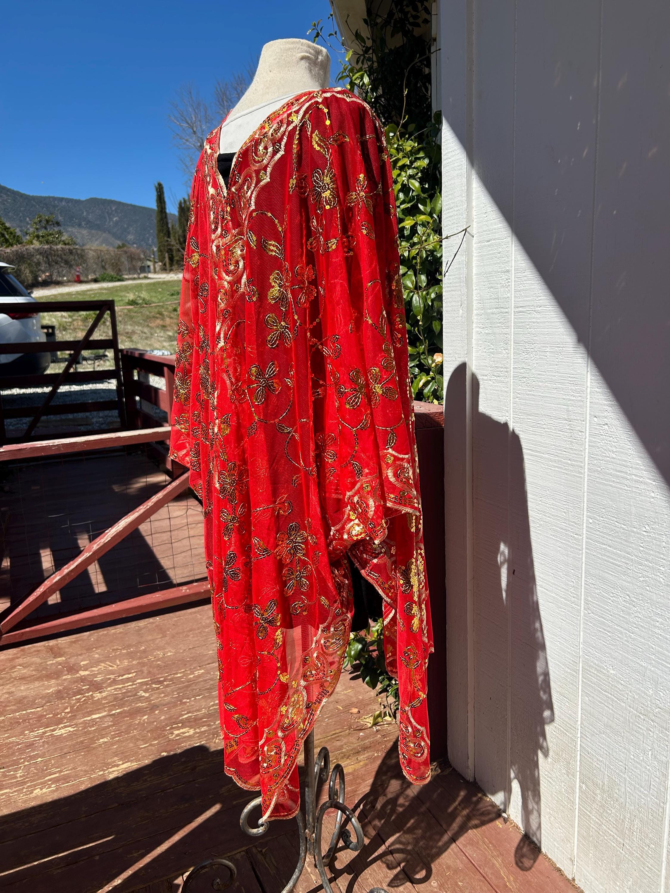 Red Kimono, Gold Sequin, Semi Sheer, Cover, Wrap, Robe - Etsy
