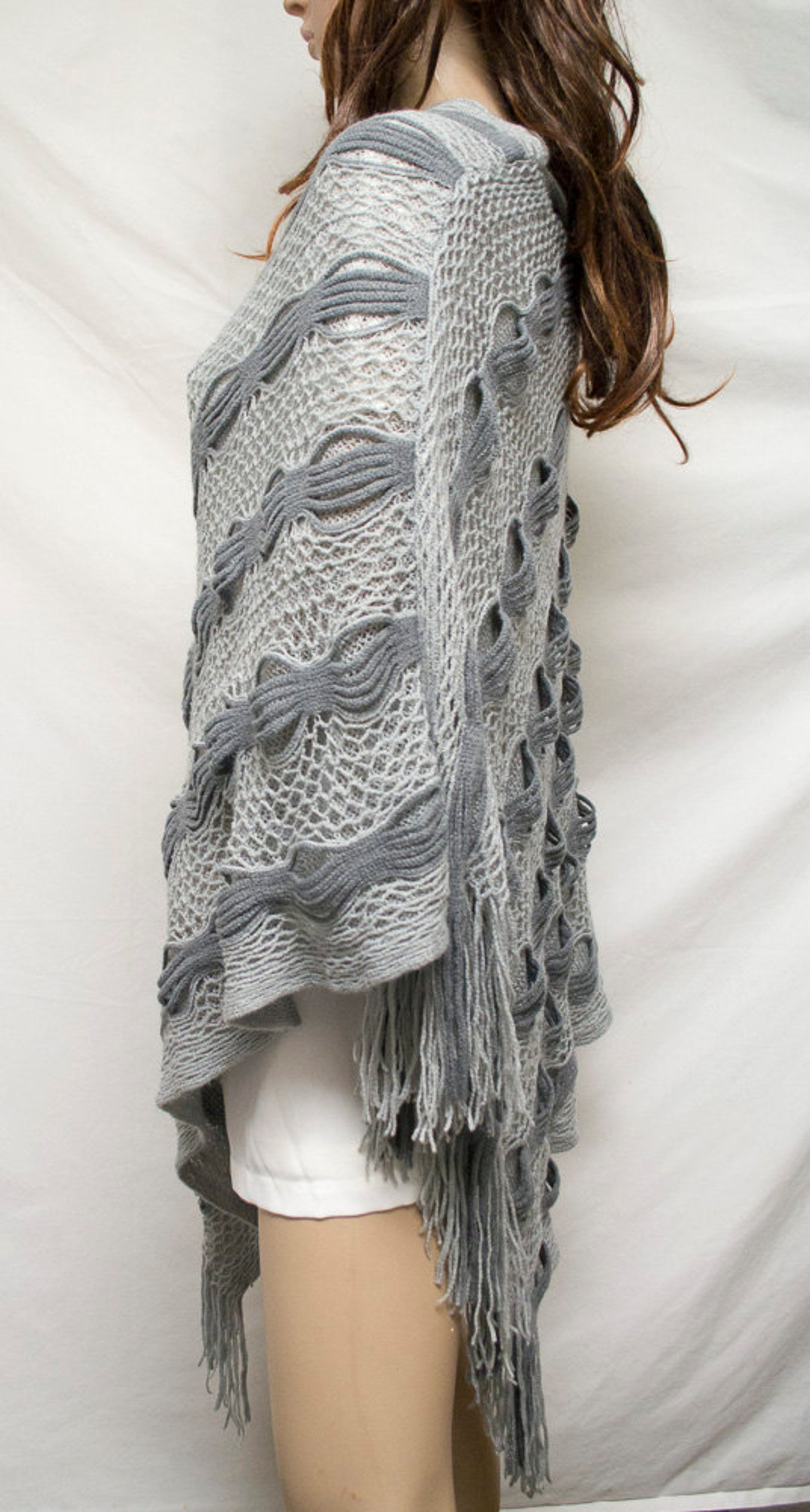 Large Soft Gray Poncho Fringed Poncho top | Etsy