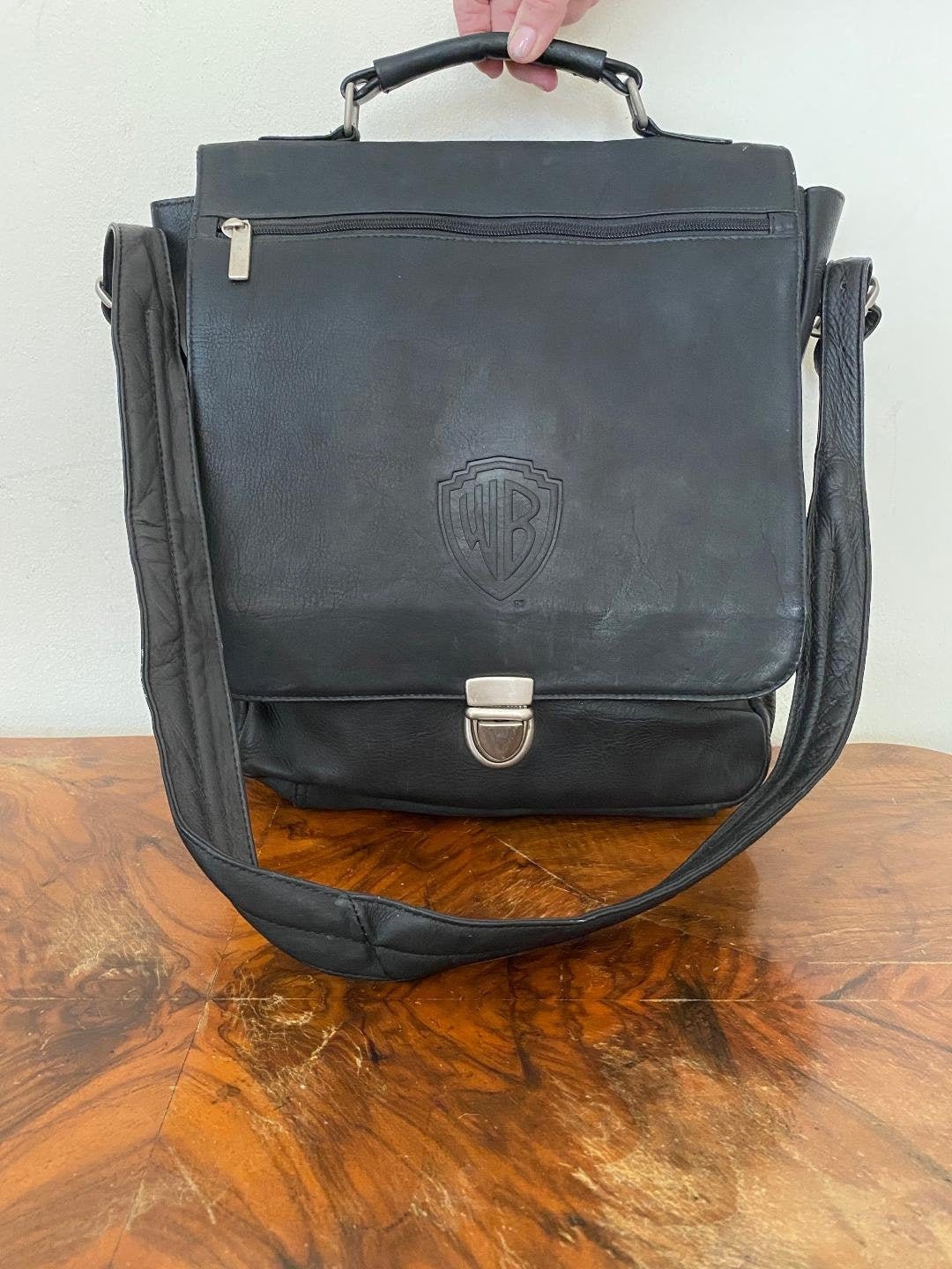 Large Black Leather Messenger Bag, Organizer Bag,warner Brothers Emblem ...