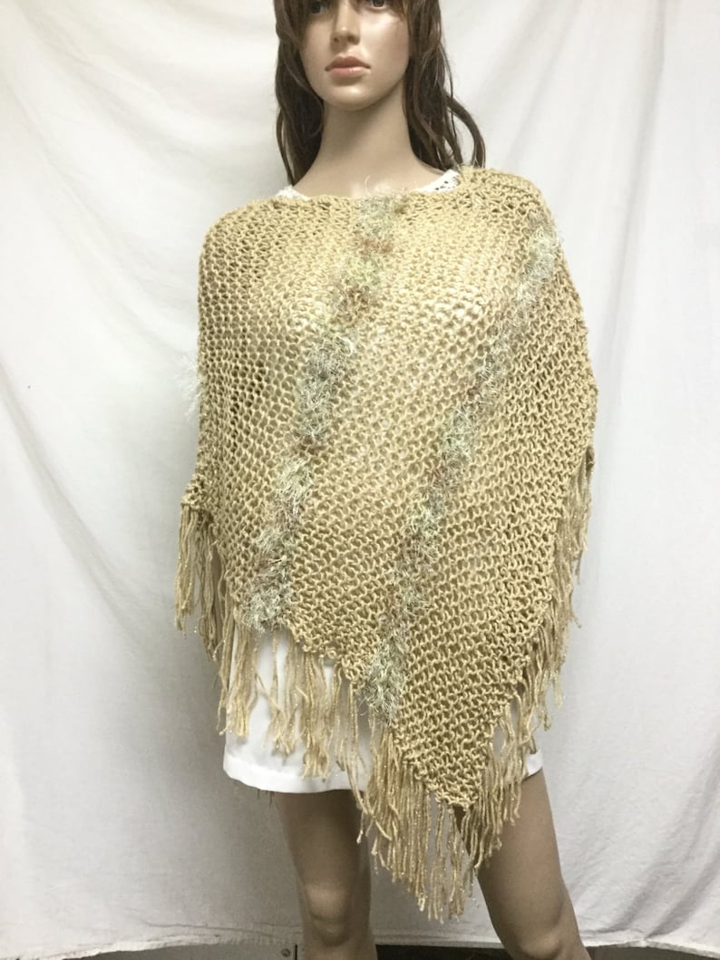 Knit Ponchotan W/ Woven in Gold Fringed Poncho | Etsy