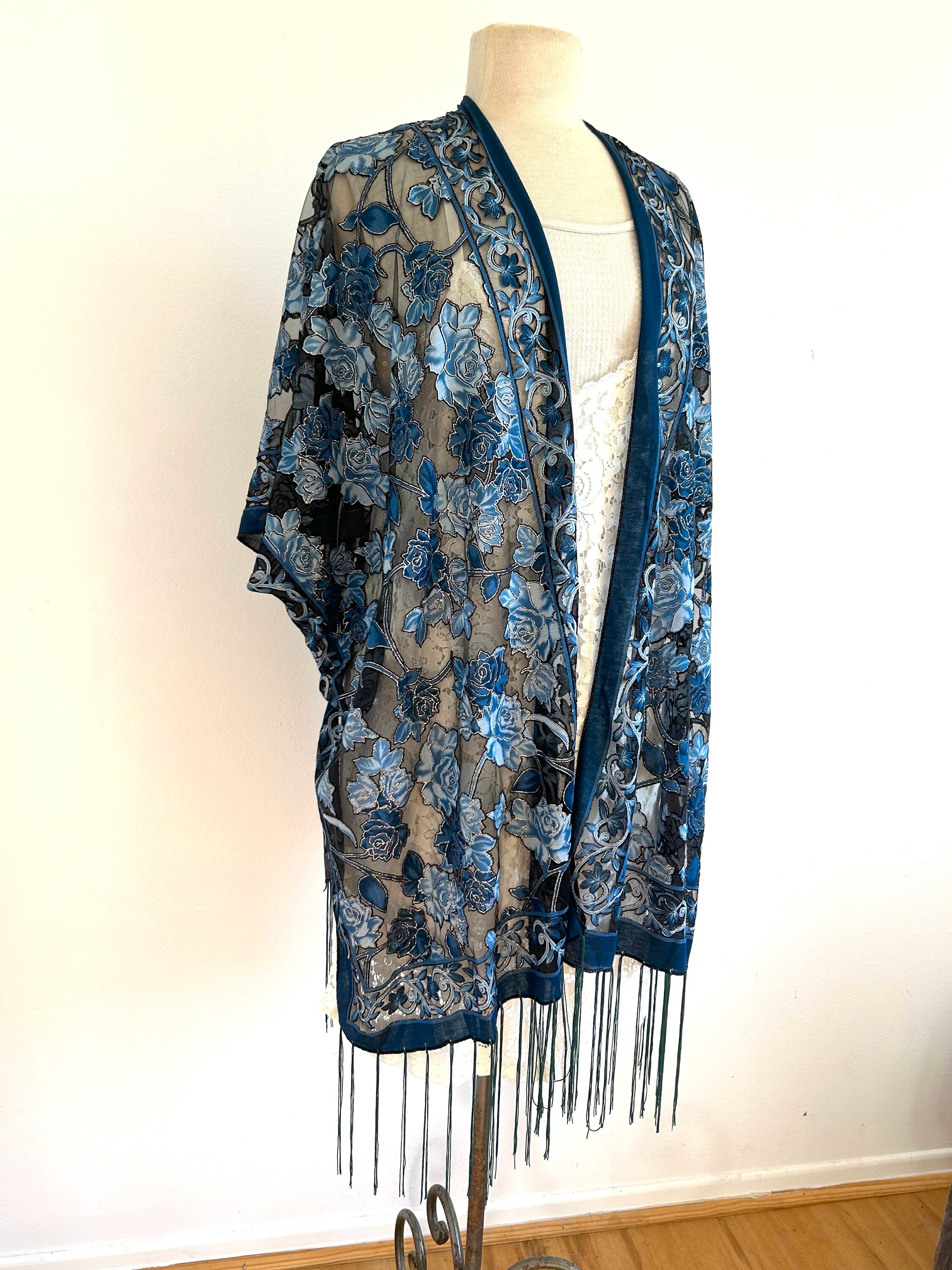 Blue Floral, Rose, Kimono, Roses, Fringed, Handmade, Kimono With ...