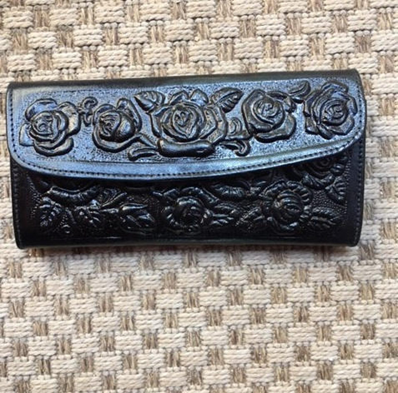 Black Leather Wallet, Roses,tooled Leather,black Rose,rose Wallet - Etsy