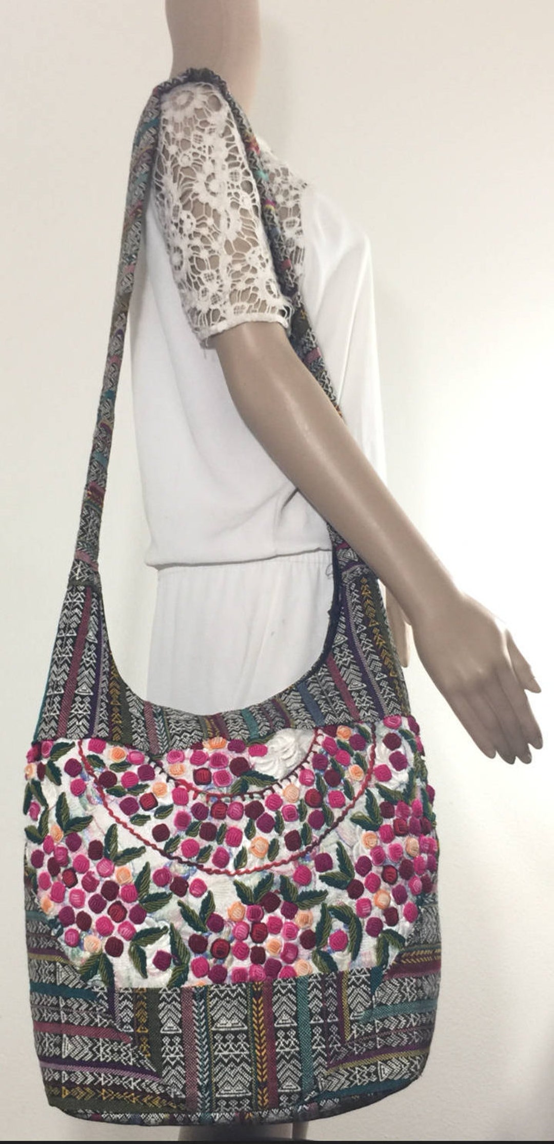 Large Embroidered Roses, Cross Body, Shoulder Bag, Red, Yellow, Green ...