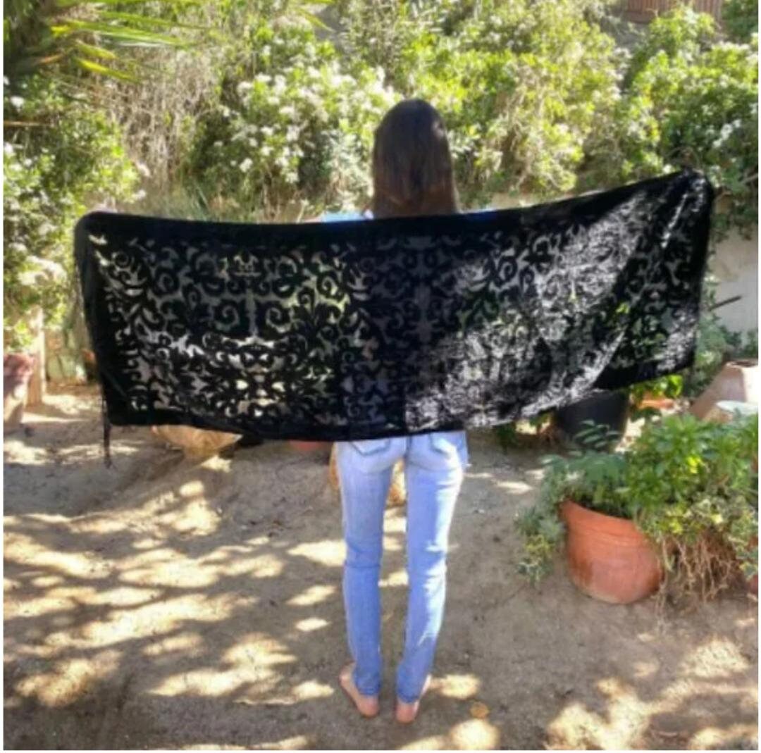 Beautiful Black Velvet Burnout Scarf, Black, Semi Sheer, Burn Out ...