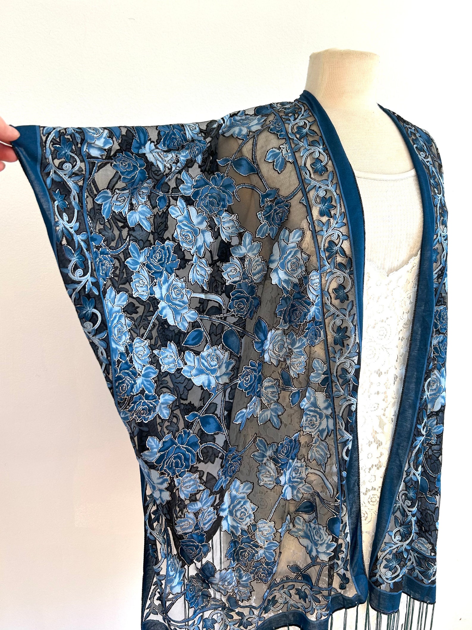 Blue Floral, Rose, Kimono, Roses, Fringed, Handmade, Kimono With ...